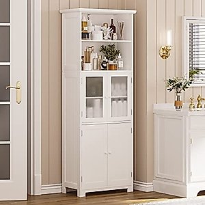 ADORNEVE 64" Bathroom Storage Cabinet, Linen Cabinet with 2 Doors, Tall Storage Cabinet with 2 Open Compartments & Adjustable Shelves for Bathroom, Living Room, Office, White