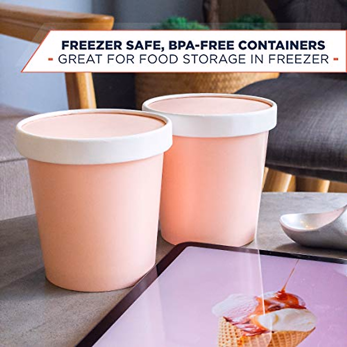 Glowcoast Ice Cream Containers with Lids - 16 oz Pint Disposable Ice Cream Storage Container for Homemade Icecream. Freezer-Safe Tub with Lid Protect Frozen Desserts Like Yoghurt (Peach, 25)