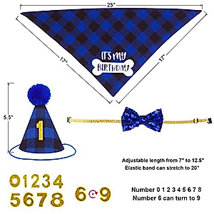 PTDECOR Dog Birthday Party Supplies, Plaid Boy Dog Birthday Hat with Numbers It's My Birthday Dog Puppy Birthday Bandana with Bow Set (Blue)