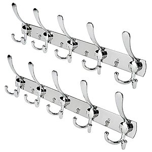 JOSHNESE Wall Mount Coat Hooks,5 Tri Hooks Heavy Duty Stainless Steel Hook Rail for Coat Hat Towel Robes Mudroom Bathroom Entryway（2 Pack,Silver