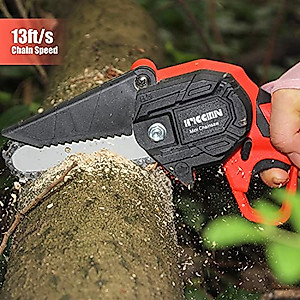 Mini Chainsaw 4-Inch with 2 Battery, Cordless Saw with 2 Chains Security Lock, Hand Held Small Rechargeable Chainsaw for Wood Cutting Tree Trimming Red with Box