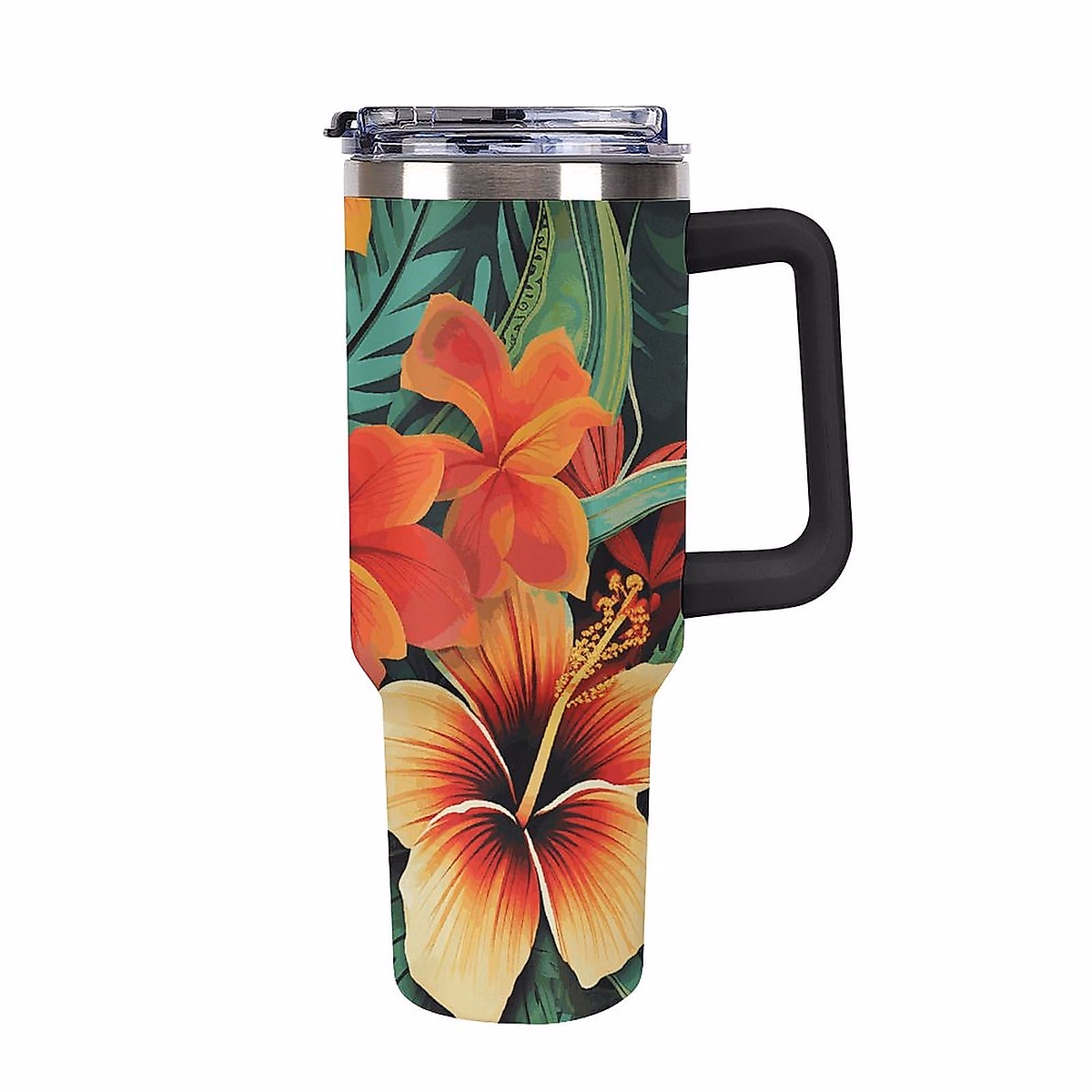 LYHVSFJW 40 Oz Tumbler with Handle Straw Hawaiian Style Print Pattern Water Cup with Lids Stainless Steel Water Bottle Travel Insulated Mug Coffee Mug Vacuum Insulated Cup for Daily Use