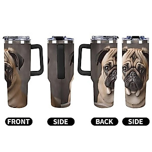 YTLKGFP 40 Oz Large Capacity Car Cup Animal Pug Dog Tumbler with Handle (Black) Straw Lid Insulated Stainless Steel Water Bottle Travel Mug Leak-proof Car Cup Keeps Cold Or Hot