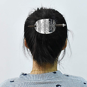 BetterUS Handmade Carved Wooden Hair Clip with Stick in Metal Curved Cover Women Hair Style Tool (2#)