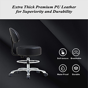 Height Adjustable Rolling Shop Stool with Back Support - Kitchen Stool with Wheels Heavy Duty Stool with Back for Salon,Spa,Massage,Tattoo,Esthetician – Rolling Stool Extra Thick for Extreme Comfort