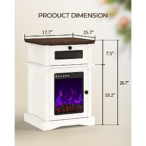 i-aplus White LED Nightstand Farmhouse Night Stand Fireplace Night Stand with Drawer LED Bedside Tables for Bedroom End Table