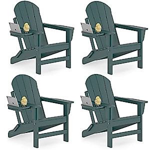 NAVINE Folding Adirondack Chair Set of 4 with Cup Holder Weather Resistant Plastic Fire Pit Chairs, Patio Chairs, Lawn Chair, Ideal for porches, patios, patios, poolsides, Decks.(Dark Green)