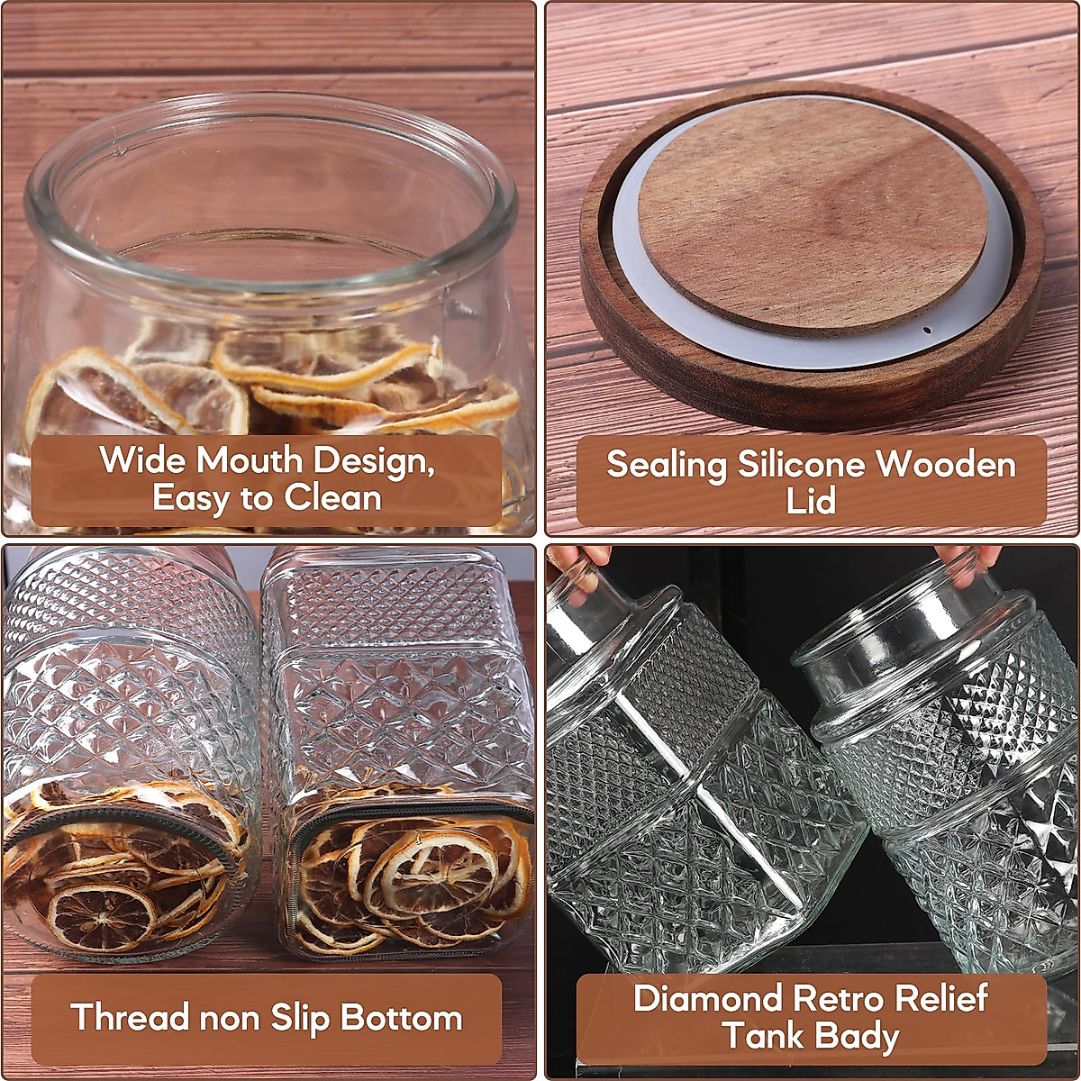 EkkoVla 60 FL OZ Large Glass Storage Jar, Set of 2 Glass Food Storage Containers with Wooden Lids, Kitchen Cereal Canisters Decorative Glass Jars with Airtight Lids for Candy Snack Nuts Coffee Tea