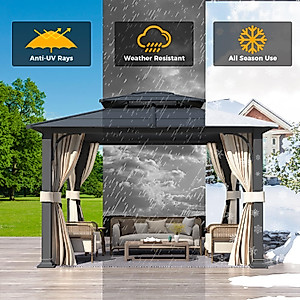 YOLENY 10'x12' Gazebo with Galvanized Steel Roof, Hardtop Double Roof with Anti-Rust Coating, Outdoor Gazebos with Curtains and Netting, Sunshade for Gardens, Lawns, Deck