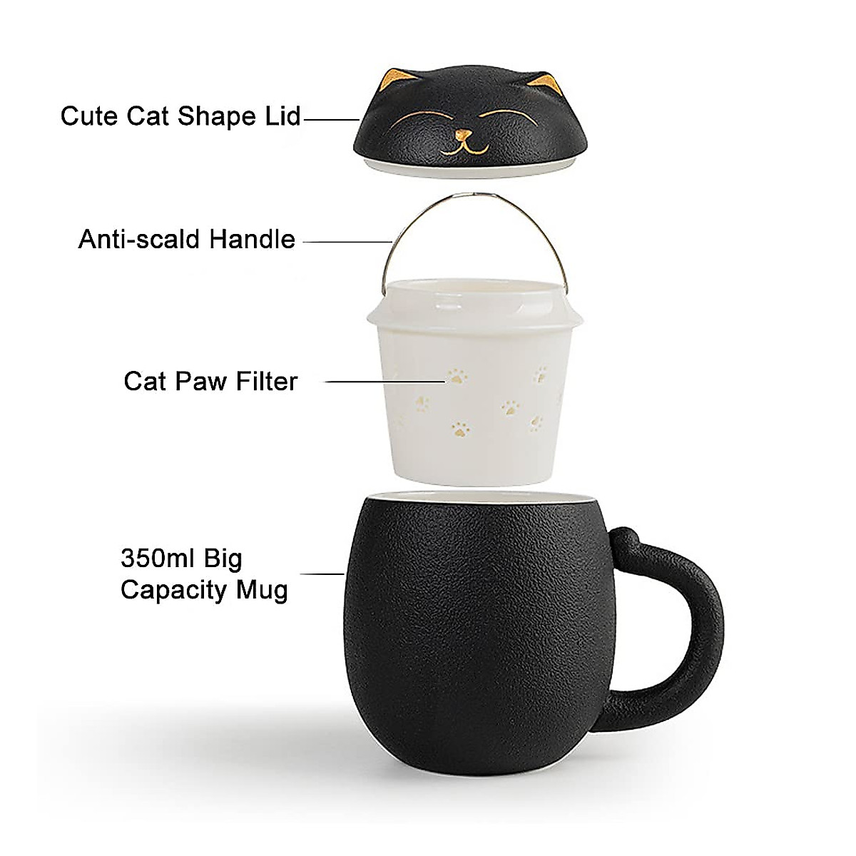 Rain House Cat Mugs with Infuser and Lid, Cute Tea Cups Kawaii Mug in Ceramic for Steeping Loose Leaf, Handmade Porcelain Teacup Teapot for Home Office, Portable Shatterproof Case 350ML (Black)