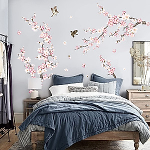 wondever Cherry Blossom Wall Stickers Pink and White Flower Tree Branch Peel and Stick Wall Art Decals for Living Room Bedroom TV Wall