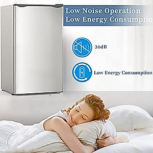 PEIHONGET Mini Fridge with Freezer, 3.2 Cu.ft, 5 Settings Temperature Adjustable, Low Noise, Reversible Single Door, Compact Refrigerator for Bedroom Office and Dorm, Apartment, Kitchen(Silver)