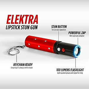 Lipstick Stun Gun for Women - Guard Dog Security Elektra Stun Gun for Self Defense, Maximum Voltage, 100 Lumen Flashlight with Keychain and Wall Charger (Red)