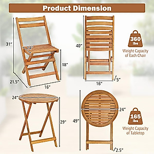 Tangkula 3 Pieces Folding Patio Bistro Set, Solid Acacia Wood Table and Chairs with Slatted Tabletop, Back & Seat, Foldable Outdoor Furniture Set for Patio, Backyard, Garden, Poolside, Natural