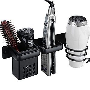 DELITON Hair Dryer Holder Wall Mount - Blow Dryer Holder, Hair Dryer Rack & Hair Styling Care Tool Organizer - Storage Basket with Plug Hook, Black