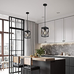Modern Black Pendant Light with Metal Cage, One-Light Adjustable Rods Industrial Mini Pendant Lighting Fixture for Kitchen Island Cafe Bar Farmhouse, Black
