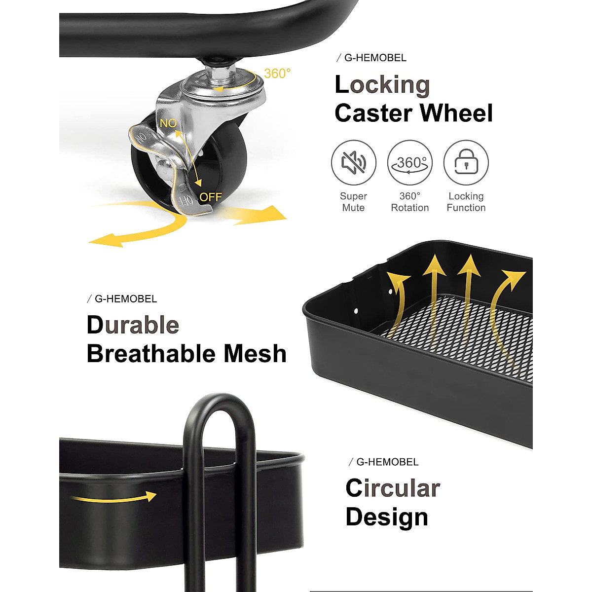 2-Tier Rolling Cart with Wheels, G-Hemobel Metal Utility Cart with 3 Hanging Cups and 2 Lockable Wheels, Organizer Cart with Multi-Functional Storage, Black