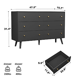 HOUROM Black Dresser for Bedroom, Modern 6 Drawer Double Dressers with Gold Handles, Wood Chest of Drawers for Living Room, Hallway, Entryway