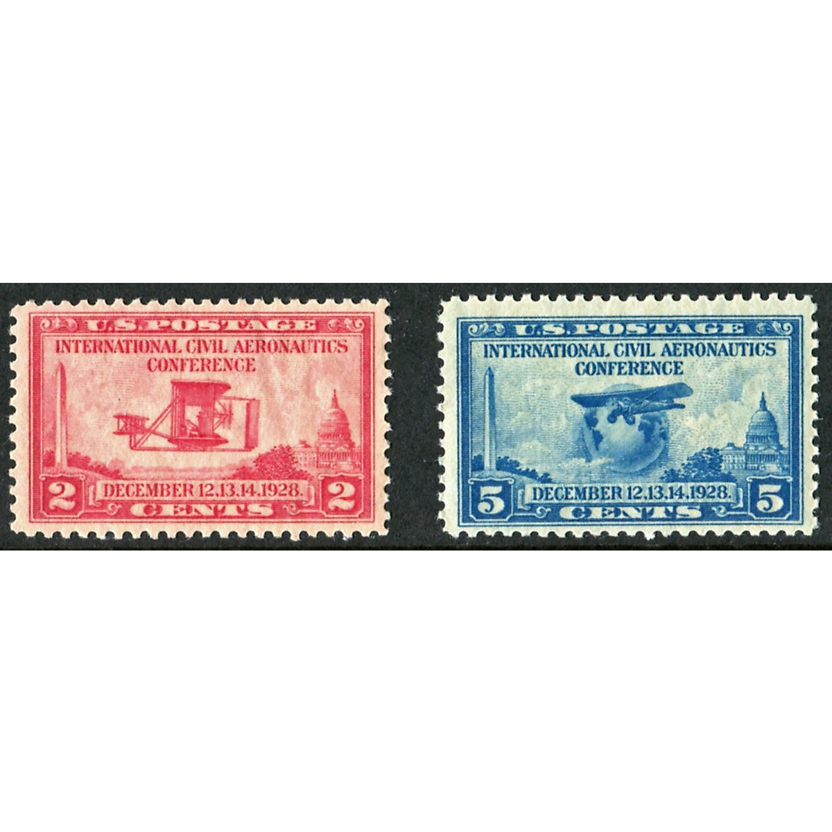 Wright Brothers & Charles Lindbergh Planes Stamp Collectors Set of 2 US Postage Stamps Issued in 1928 Mint Never Been Hinged. Scott 649 and 650