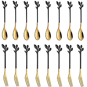 AnSaw 16-Pc Black Mini Leaf Coffee Spoons & Dessert Forks - 4.7" Stainless Steel Cutlery for Tea, Appetizers, Tasting - Party, Charcuterie, Cocktails