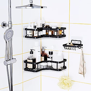 ZHOHO TANT Corner Shower Caddy 3 Pack Corner Shower Shelf with Adhesive Hooks and Soap Holder Stainless Steel Shower Organizer Corner Shelf Rack for Bathroom Storage(Black)