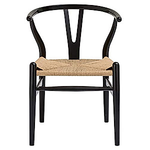 Poly and Bark Weave Modern Wooden Mid-Century Dining Chair, Hemp Seat, Black (Set of 2)