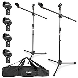 Pyle Universal Adjustable Tripod Microphone Stand - Pair of Heavy Duty Lightweight Professional Compact Extendable Stage Studio Floor Standing Boom Mic Holder w/ Carry Bag, 5/8" Adapter - PMKSKT35