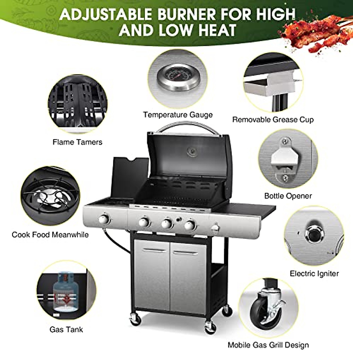 R.W.FLAME 34,000 BTU Propane Gas Grill with 3-Burner,BBQ Grill with Side Burner and Cast Iron Grates Stainless Steel Grill 486 sq. in Grilling Areas for Patio Garden Barbecue Camping,Silver