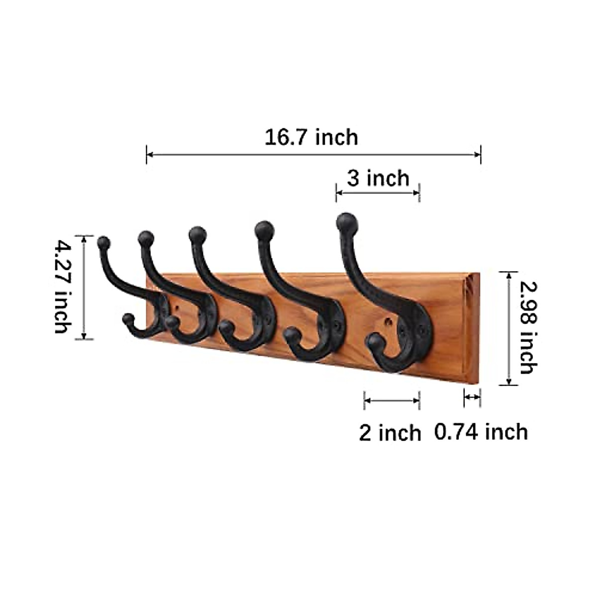 XUEBEI Rustic Cast Iron Coat Hooks Black Wall Hooks Coat Rack Heavy Duty Coat Rack with 5 Wall Hooks,Bedroom Ash Wooden Modern Farmhouse,Entryway Hooks, Bags,Towels