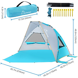 WolfWise 2-3 Person Portable Beach Tent UPF 50+ Sun Shade Canopy Umbrella with Extendable Floor, Blue