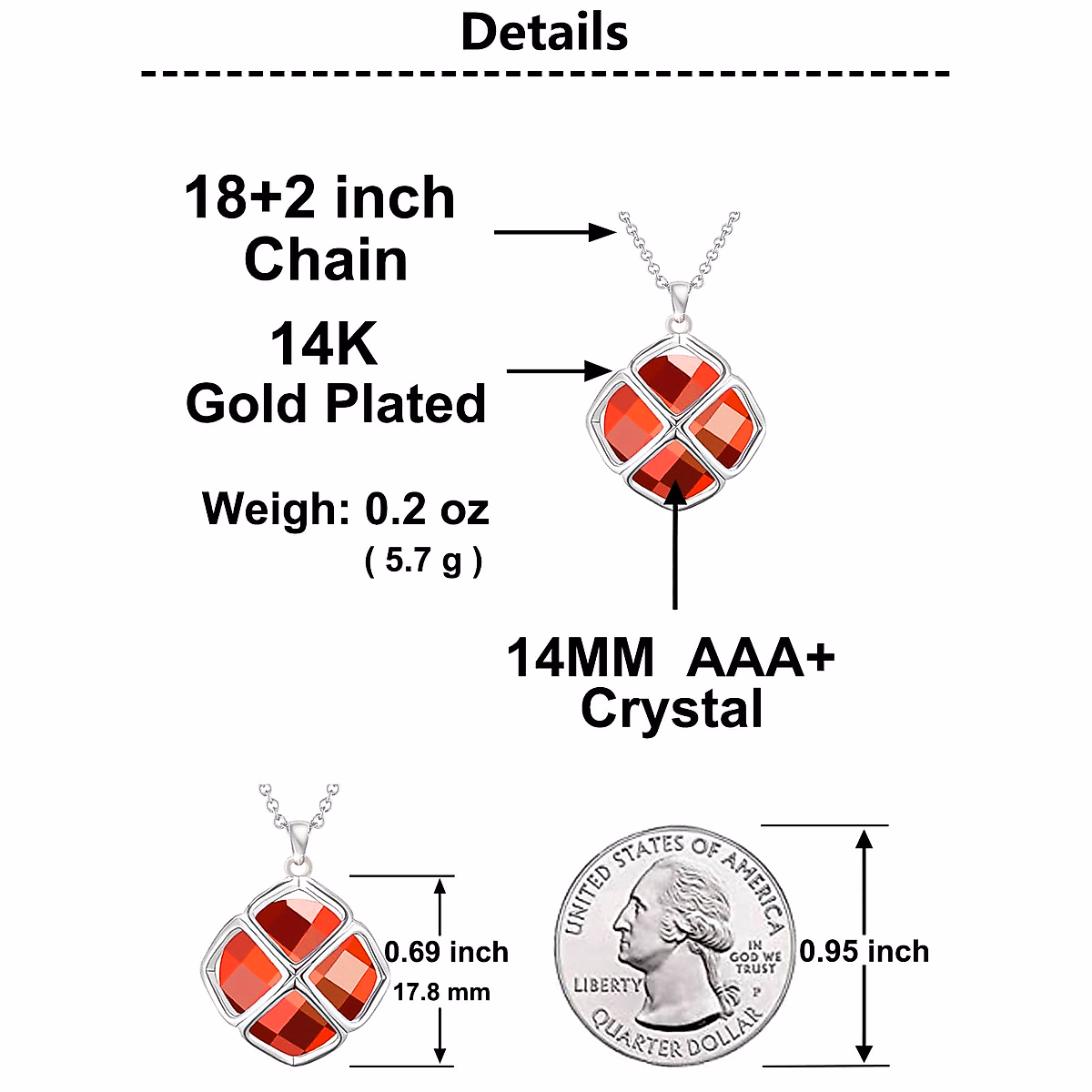 Qinpan 14MM Crystal Pendant Drop Dangle Necklace for Women Glod Plated Costume Jewelry, 24.4*17.8mm, Gold Plated, Cubic Zirconia