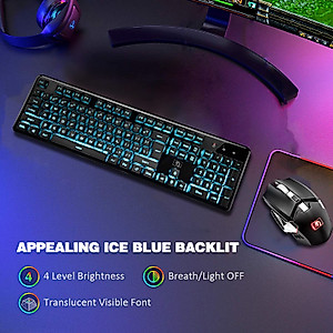 FELICON Rechargeable Wireless Gaming Keyboard and Mouse Combo & Lager Mouse Pad kit Ice Blue Backlit Mechanical Feel 104 Keys Full Keybaord, Queit, Waterproof for Computer PC Mac