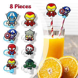 8Pcs Straw Covers Cap for Tumblers, Cute Cartoon Straw Topper, Silicone Straw Tip Covers for Drinking Straws (8Pcs Hero 8mm 7L)
