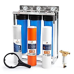 Aquaboon 20" 3-Stage Whole House Water Filter System for Well Water Freestanding Stainless-Steel Bracket Pressure Gauges - Water Filtration System: KDF, Activated Carbon Block, Sediment Filter