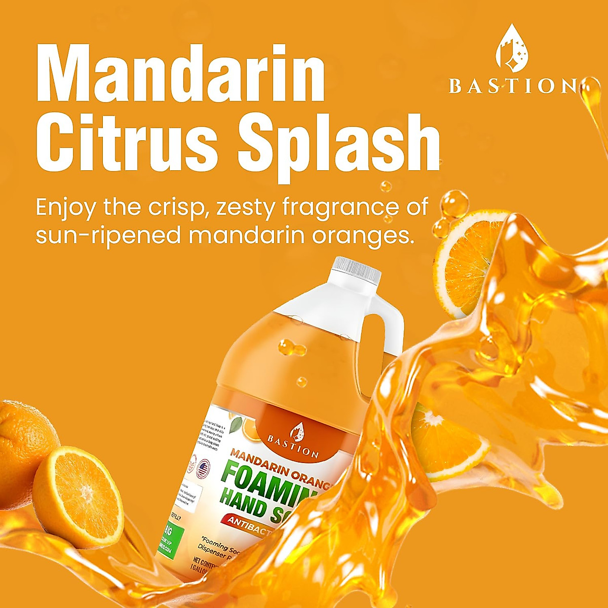 Bastion Foaming Antibacterial Hand Soap: Mandarin Orange Scented Instant Foam Hand Wash Refill 1 Gallon (128 oz) Bulk Jug. Made In The USA