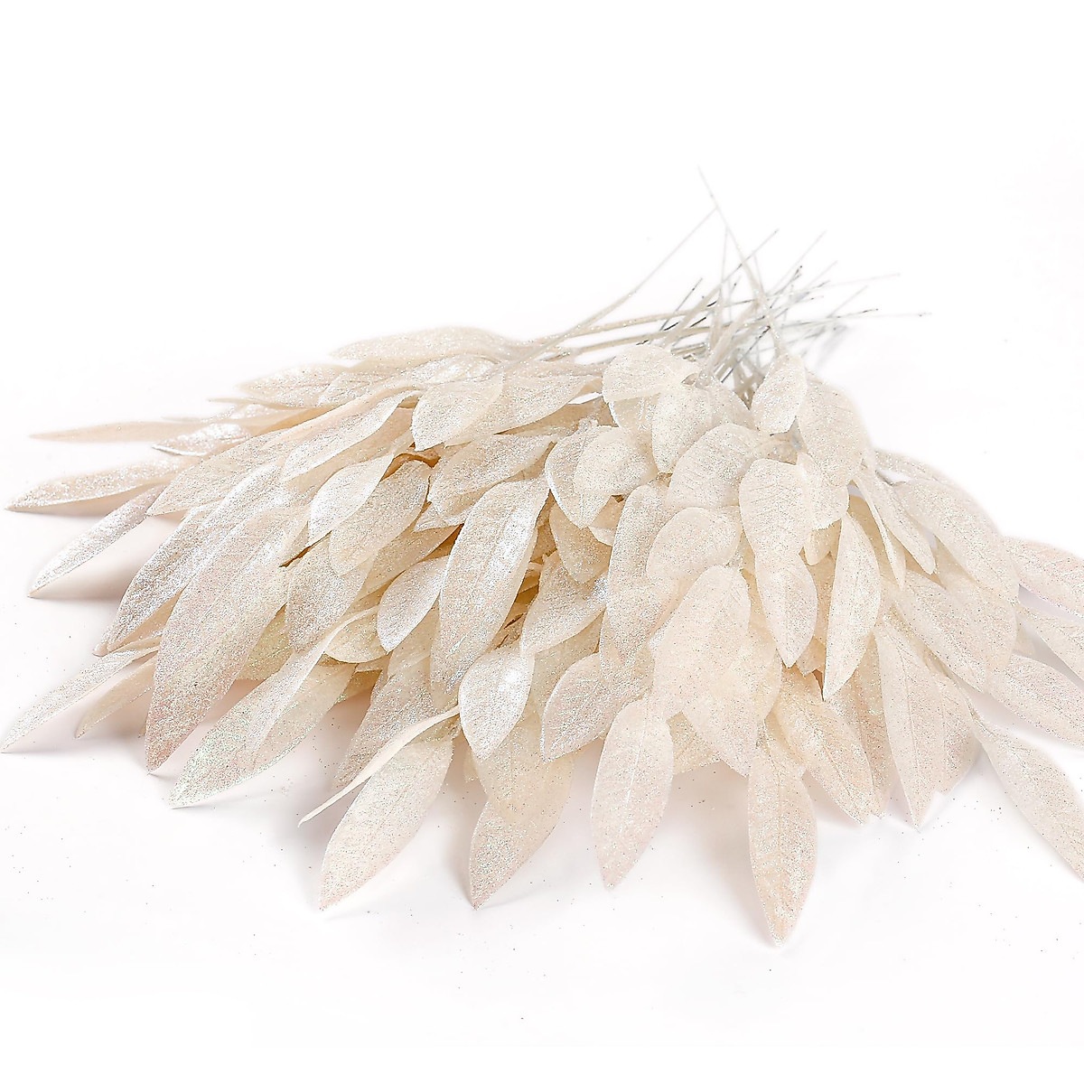 Sggvecsy 40 Pieces Artificial Glitter Leaf White Glittered Spray Picks 13’’ Fake Floral Leaf Branches Xmas Decoration for Christmas Tree DIY Wreath Crafts Gift Home Garden Decoration(White,40 Pieces)