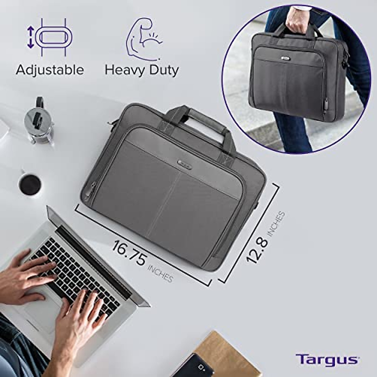Targus 15-16 Inch Classic Slim Laptop Bag, Gray - Ergonomic Briefcase and Messenger Bag - Spacious Foam Padded Laptop Bag for 16" Laptops and Under (TCT027US)