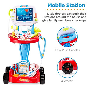Best Choice Products Play Doctor Kit for Kids, Pretend Medical Station Set for Boys & Girls with Carrying Case, 17 Accessories Mobile Cart, LED EKG, Thermometer, Stethoscope, Pulse Machine - Blue