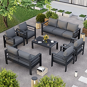 VONZOY Aluminum Patio Furniture Set, 10 Piece Metal Outdoor Furniture Set, Patio Furniture Set with Waterproof Covers for Backyard Garden（Grey）