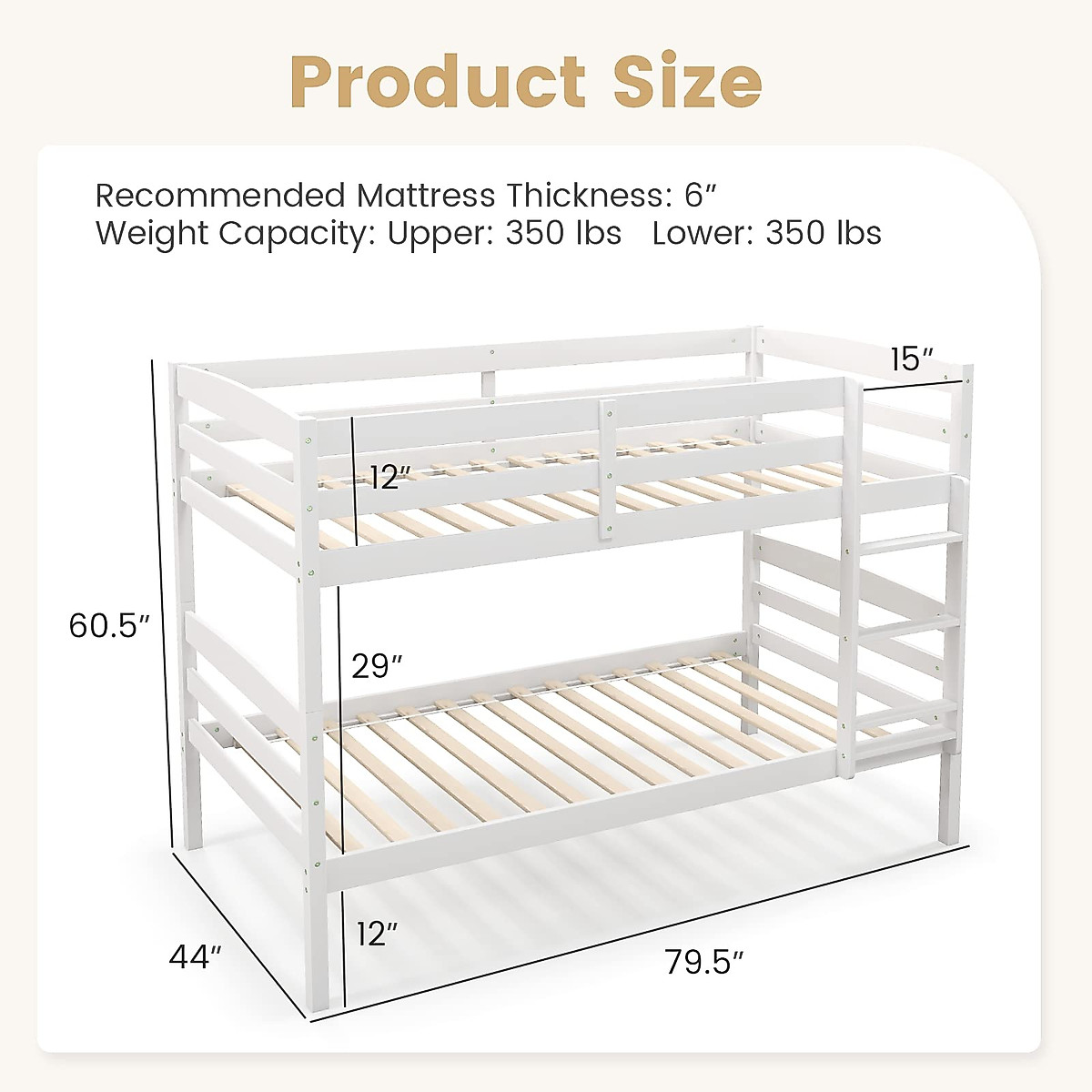 Giantex Bunk Bed Twin Over Twin, Solid Wood Detachable Bed Frame with High Guardrails & Integrated Ladder, Wooden Slatted Bunk Bed for Kids & Teens, No Box Spring Needed, White