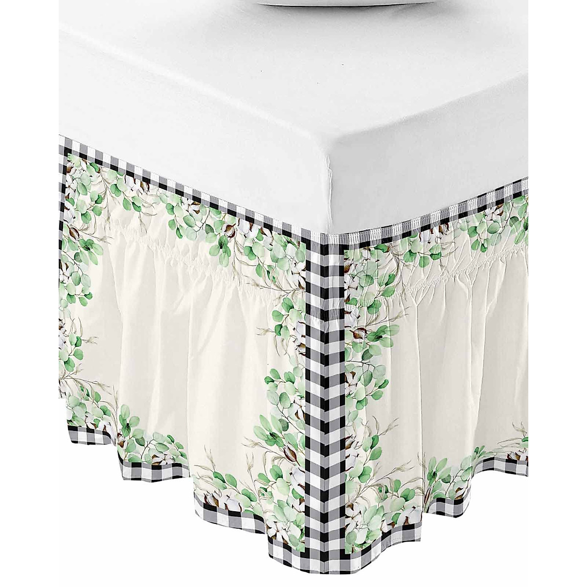 Black and White Buffalo Plaid Bed Skirt King Size 16 Inch Drop,Adjustable & Elastic Wrap Around Bed Skirts Pleated Dust Ruffles for Twin Full Queen Cal King Bed,Spring Leaves Green Watercolor Leaf