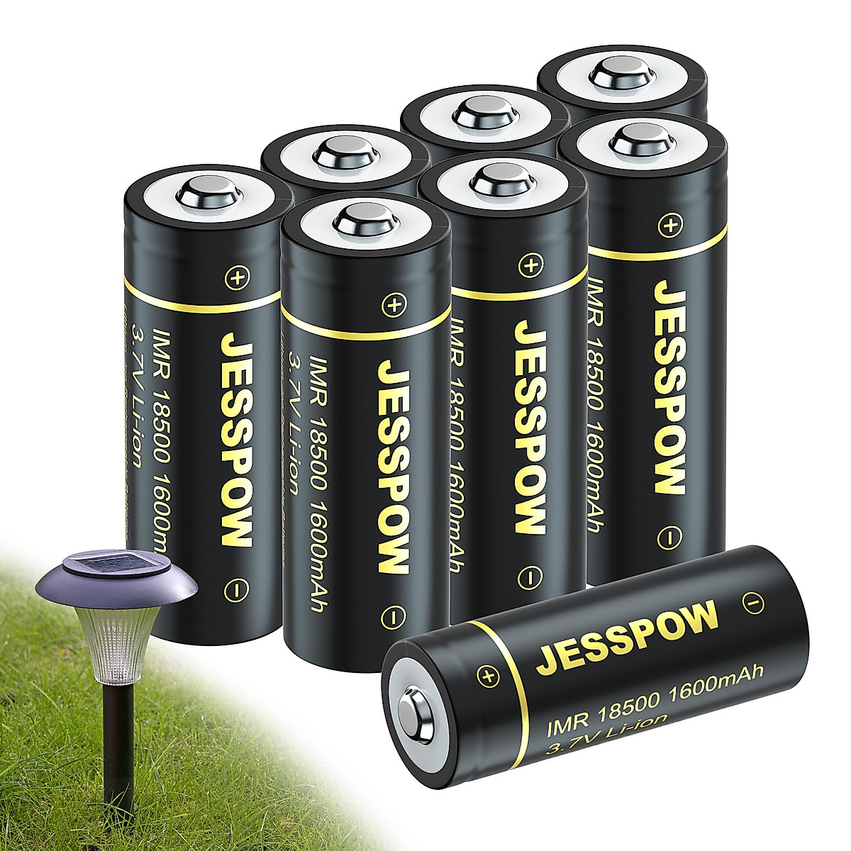 JESSPOW 18500 Battery, IMR 18500 Rechargeable Li-ion Battery 1600mAh 3.7V for Flashlight, Solar Garden Light and More, 18500 Rechargeable Solar Batteries with Button Top (8 Pack)
