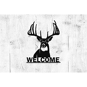 Welcome Whitetail Deer Buck Metal Wall Art Sign | Laser Cut | Black | Home Cabin Decor | Big Game Steel