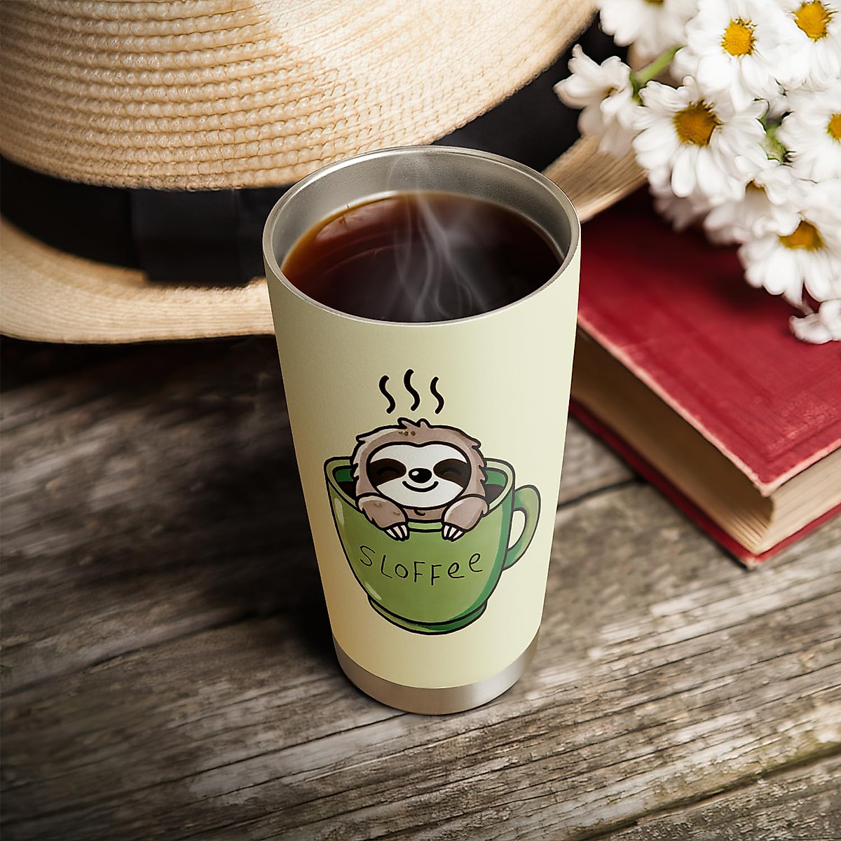 20oz Sloffee Sloth Tumbler, Gifts for Sloth Lovers, Coffee Thermos for Women, Stainless Steel Double Wall Vacuum Insulated Coffee Mug, Travel Cup with Lid