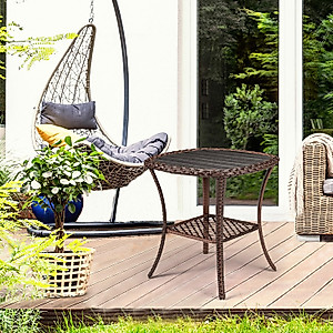 Outdoor Side Table Patio Wicker Coffee Table Outdoor End Table Rattan Bistro Table with Storage & Poly Lumber Table Top Square for Outside Balcony Porch Backyard Deck Brown