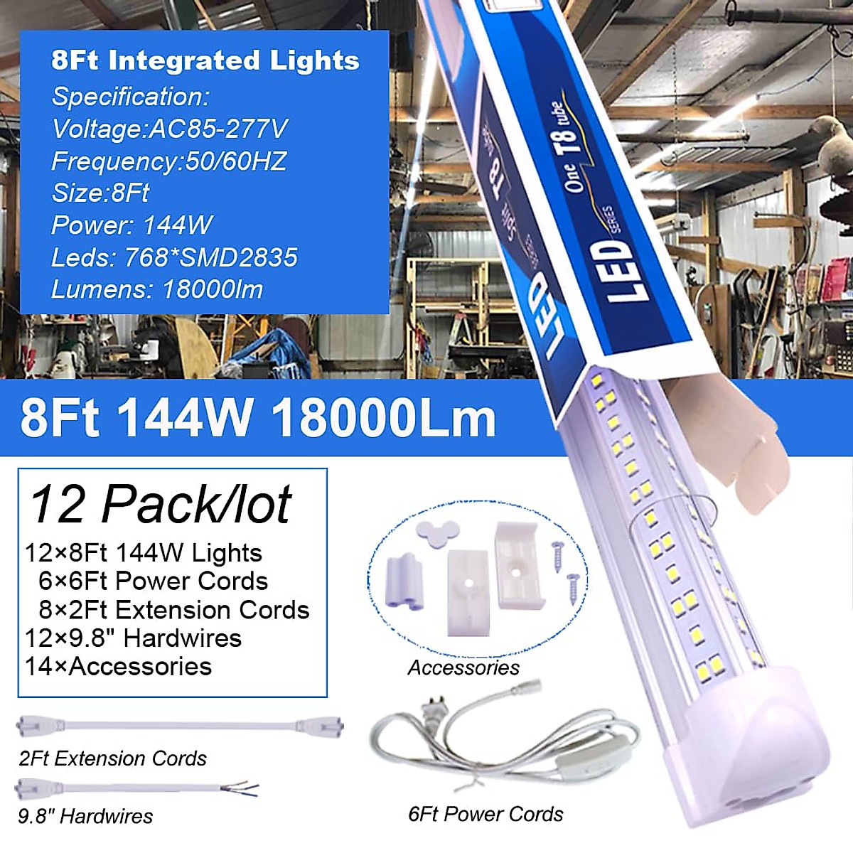 8Ft Led Shop Lights,8 Feet 8' V Shape Integrated LED Tube Light,144W 18000lm Fluorescent Clear Cover Linkable Surface Mount Lamp,Replace T8 T10 T12 Fluorescent Light Cooler Door Freezer Fixture