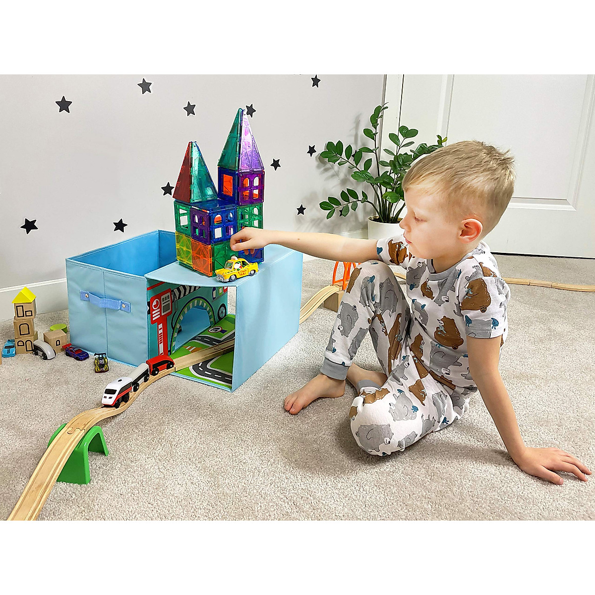 EMBRACE PLAY Toy storage box with car rug play mat - Toy box for boys and girls - 2 in 1 collapsible toy car storage- toyboxes for children - toy boxes for kids (BLUE)