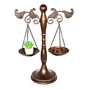 Owlgift Vintage Metal Libra Jewelry Display, Antique Scale Tray Cosmetic Organizer, Farmhouse Candleholder Lawyer of Justice, Unique Centerpiece Stand Storage – Bronze,13.6" W x 18.3" H
