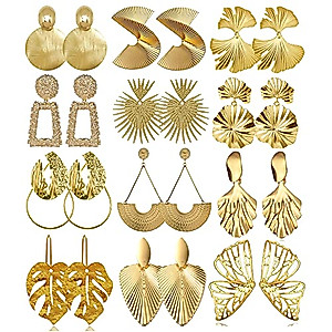 12 Pairs Gold Silver Geometric Earrings Exaggerated Statement Earrings Punk Stylish Sectored Twisted Earring Jewelry for Women and Girls (Gold)