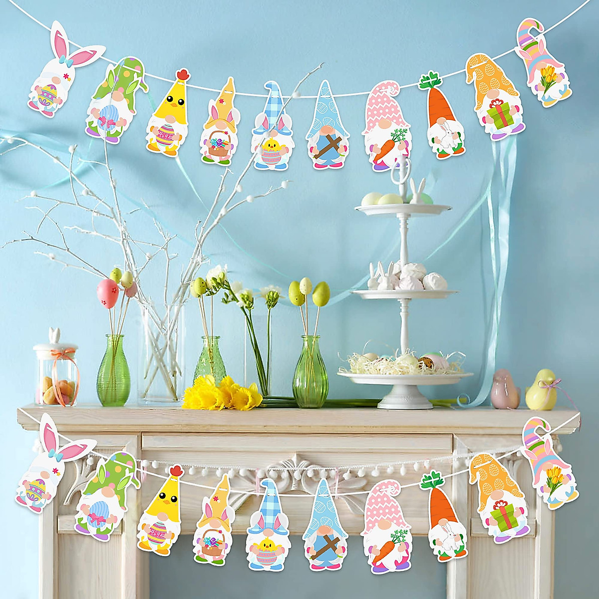 WATINC 2Pcs Gnome Banner Garlands Decoration Egg Bunny Carrot Chick Flower Daisy Gift Box Bowknot Pendant Hanging Bunting Gnomes Garland Decor Holiday Party Favors Supplies for Mantle Fireplace